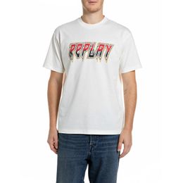 T-Shirt Replay, Jungen, Gr. L, wei&szlig; (gardenia), Jersey, Obermaterial: 100% Baumwolle, bedruckt, gerade h&uuml;ftbedeckend, Rundhals, abgesteppte Kante, Shirts T-Shirt, mit Frontprint, reine Baumwolle