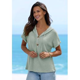 Strandshirt Lascana "aus b&uuml;gelfreiem Waffelstrick", Damen, Gr. 32/34, blau (mint), Strick, Obermaterial: 64% Polyester, 34% Viskose, 2% Elasthan, leicht transparent, unifarben, l&auml;ssig geschnitten normal, V-Ausschnitt, Shirts, mit Kapuze und Knopfleiste