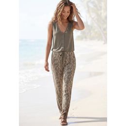 Overall Buffalo, Damen, Gr. 34, N-Gr, bunt (khaki, sand bedruckt), Jersey, Obermaterial: 100% Viskose, bedruckt, figurumspielend lang, V-Ausschnitt, Overalls Overall, im 2-in-1-Look, sommerlicher Jumpsuit mit schmalem Bein