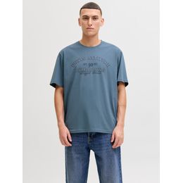 Jack & Jones Rundhalsshirt JACK & JONES "JJEDENVER GRAPHIC TEE SS O-NECK SN", Jungen, Gr. M, blau mirage, Jersey, Obermaterial: 100% Baumwolle, bedruckt, Rundhals, Shirts Rundhalsshirt, mit Logobranding