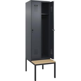 Spind Evolo PLUS Sitzbank, 2 Abteile, grau, B 600 mm, Sicherheits-Drehriegel, mit untergebauter Sitzbank, Buche kaiserkraft