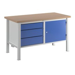 Werkbank, Breite 1500 mm, 3 Schubladen 1 x 125 / 2 x 175 mm, 1 T&uuml;r 475 mm, lichtgrau / enzianblau kaiserkraft