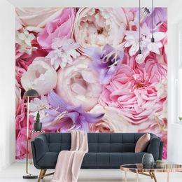 Fototapete Blumen Shabby Rosen mit Glockenblumen