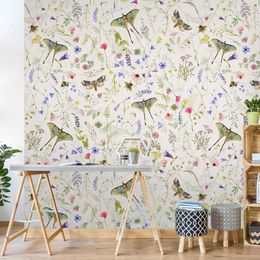 Bilderwelten Mustertapete Schmetterlinge mit Blumen auf Creme