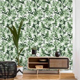 Bilderwelten Fototapete Textiltapete Stofftapete - nahtlose Tapete | Aquarell Monstera Bl&auml;tter vor Gr&uuml;n