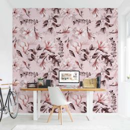 Mustertapete Bl&uuml;ten mit Grauen Bl&auml;ttern vor Rosa