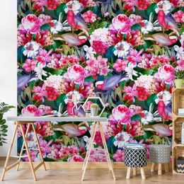 Mustertapete Bunte Tropische Blumen mit V&ouml;geln Pink
