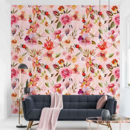Bilderwelten Mustertapete Aquarellierte Blumen auf Rosa