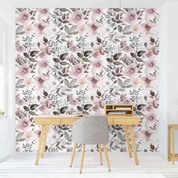 Bilderwelten Mustertapete Graue Bl&auml;tter mit Aquarell Blumen