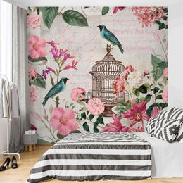 Bilderwelten Fototapete Textiltapete Stofftapete - nahtlose Tapete | Shabby Chic Collage - Rosa Bl&uuml;ten und blaue V&ouml;gel