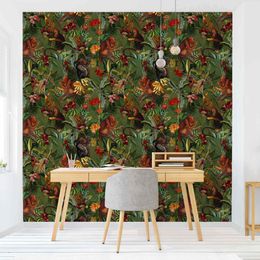 Mustertapete Tropische Blumen mit Affen