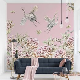 Fototapete Aquarell St&ouml;rche im Flug mit Rosen auf Rosa