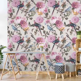 Fototapete Blumen Vintage Illustration Paradiesvogel und Pfingstrosen XXL