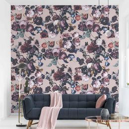 Mustertapete Altmeisterliche Bl&uuml;ten mit Tulpen und Rosen auf Rosa