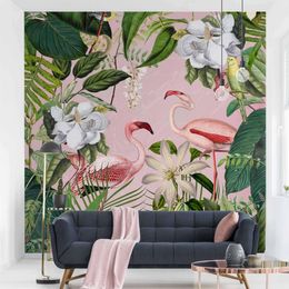 Bilderwelten Fototapete Textiltapete Stofftapete - nahtlose Tapete | Tropische Flamingos mit Pflanzen in Rosa