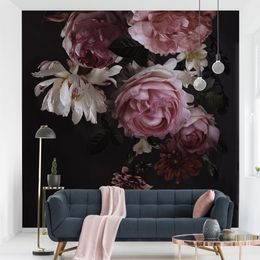 Fototapete Rosa Blumen auf Schwarz Vintage