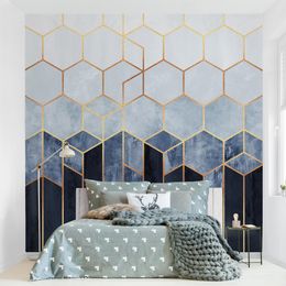 Mustertapete Goldene Sechsecke Blau Wei&szlig;