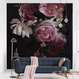Bilderwelten Fototapete Textiltapete Stofftapete - nahtlose Tapete | Rosa Blumen auf Schwarz