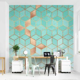 Mustertapete T&uuml;rkis Wei&szlig; goldene Geometrie
