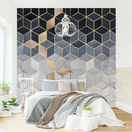 Mustertapete Blau Wei&szlig; goldene Geometrie