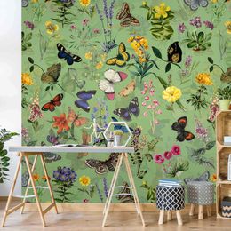 Bilderwelten Mustertapete Schmetterlinge mit Blumen auf Gr&uuml;n