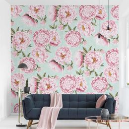 Bilderwelten Mustertapete Rosa Blumen auf Mint als Aquarell