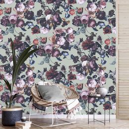 Bilderwelten Fototapete Textiltapete Stofftapete - nahtlose Tapete | Altmeisterliche Bl&uuml;ten mit Tulpen und Rosen auf Gr&uuml;n