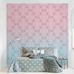 Mustertapete Aquarell Barock Muster mit Blau Rosa Verlauf