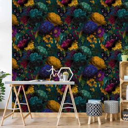 Bilderwelten Mustertapete Gelbe Bl&uuml;ten mit Blauen Blumen vor T&uuml;rkis