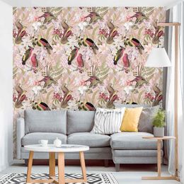 Mustertapete Rosa Pastell V&ouml;gel mit Blumen
