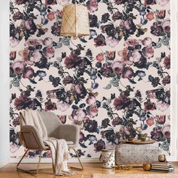 Mustertapete Altmeisterliche Bl&uuml;ten mit Tulpen und Rosen auf Wei&szlig;