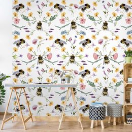 Mustertapete Bienen mit Blumen