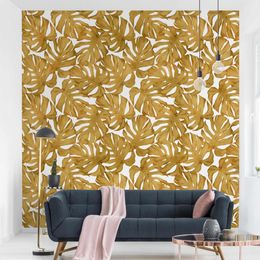Mustertapete Aquarell Monstera Bl&auml;tter in Gold
