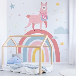 Fototapete Lama auf Regenbogen mit Sternen und P&uuml;nktchen
