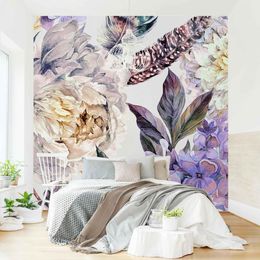 Fototapete Zartes Aquarell Boho Bl&uuml;ten und Federn Muster