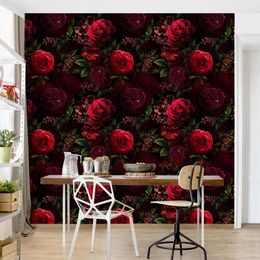 Mustertapete Rote Rosen vor Schwarz