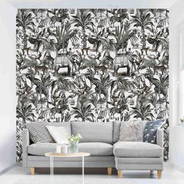 Mustertapete Elefanten Giraffen Zebras und Tiger Schwarz-Wei&szlig; mit Braunton