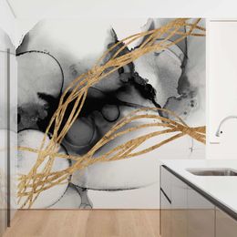 Bilderwelten Fototapete Textiltapete Stofftapete - nahtlose Tapete | Schwarze Tusche mit goldenen Linien II