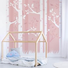 Fototapete Kinderzimmer Rosa Birkenwald mit Schmetterlingen und V&ouml;gel
