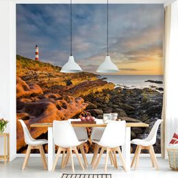 Fototapete Strand Tarbat Ness Leuchtturm und Sonnenuntergang am Meer
