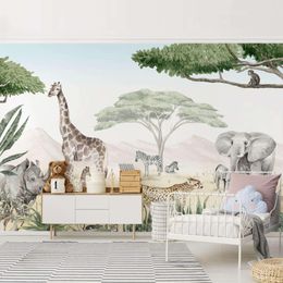 Fototapete - Majest&auml;tische Tierwelt der Savanne - Natur modern Aquarell gr&uuml;n africa Jugendzimmer