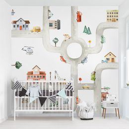 Fototapete - Rasanter Rollspa&szlig; auf der Stra&szlig;e - Vliestapete modern Aquarell bunt Auto Kinderzimmer Baby M&auml;dchen Jungen
