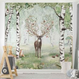 Fototapete - Majest&auml;tischer Hirsch im Birkenwald - Wald modern Aquarell gr&uuml;n B&auml;ume Kinderzimmer Baby M&auml;dchen Jungen