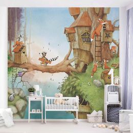 Fototapete Kinderzimmer Wassili Waschb&auml;r - Wassili und Familie Fuchs