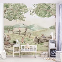 Fototapete - Zuhause der M&auml;use - Wald modern Aquarell gr&uuml;n B&auml;ume Kinderzimmer Baby M&auml;dchen Jungen