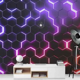 Bilderwelten Fototapete Textiltapete Stofftapete - nahtlose Tapete | Strukturierte Hexagone mit Neonlicht in Rosa und Lila