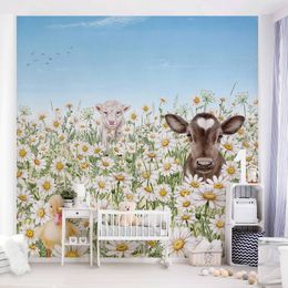 Fototapete - Bauernhoftiere im Margeritenfeld - Blumen modern Wandtapete gr&uuml;n Blumenwiese Kinderzimmer Baby M&auml;dchen Jungen