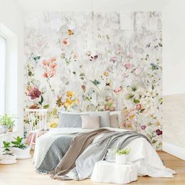 Fototapete Aquarell Bl&uuml;ten auf wei&szlig;er Shabby Betonwand