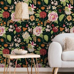 Bilderwelten Fototapete Textiltapete Stofftapete - nahtlose Tapete | Illustriertes Blumen Chinoiserie Muster auf Dunkelgr&uuml;n