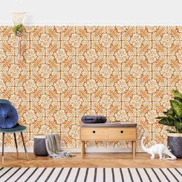 Bilderwelten Fototapete | Vliestapete inkl. Kleister oder selbstklebende Tapeten nach Ma&szlig; | nahtlose Textiltapete - Retro Bl&uuml;ten Muster Orange